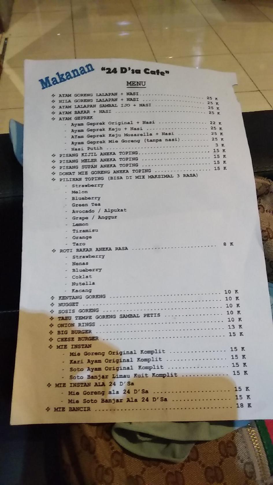 Menu at 24 D'SA CAFE, Hilir Sper