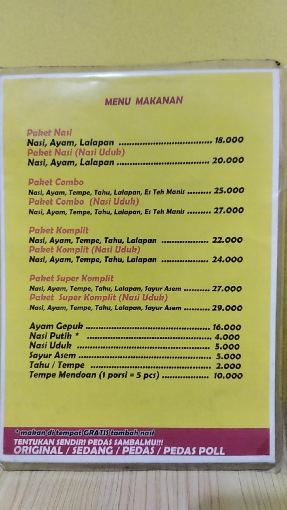 Menu at Ayam Gepuk Pak Gembus Temu Putih restaurant, Cilegon, No. 1 Kavling