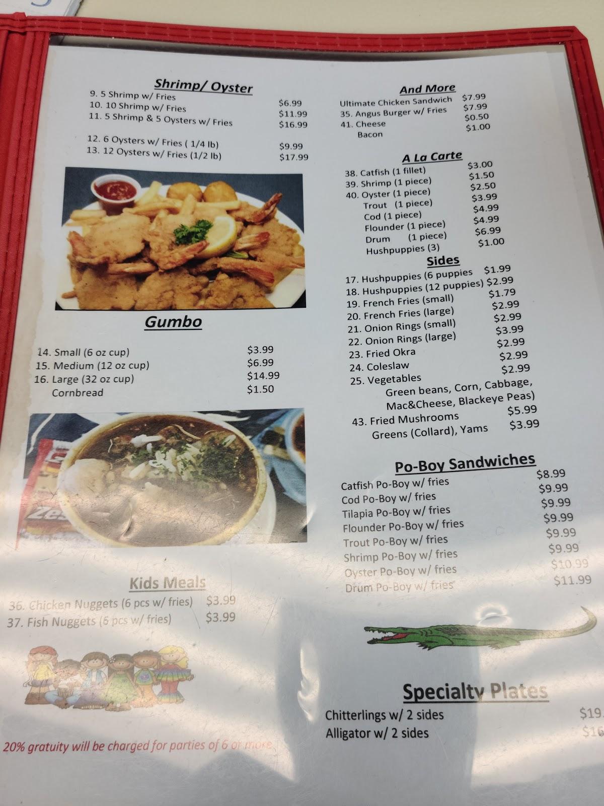 Menu at Bayseas Catfish House restaurant, San Antonio, Nacogdoches Rd