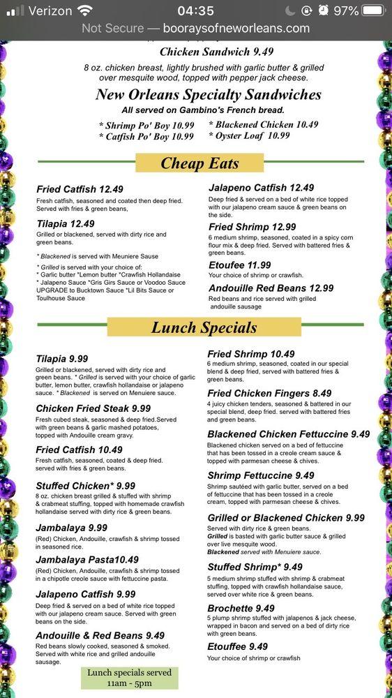 Menu at Boo Rays of New Orleans restaurant, Crowley