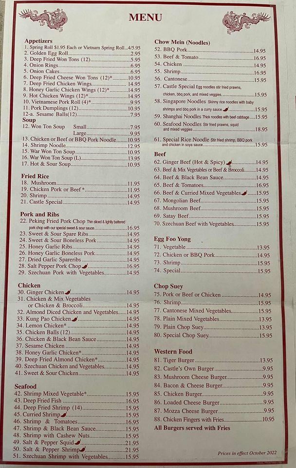 Menu at Castle Restaurant, Edson