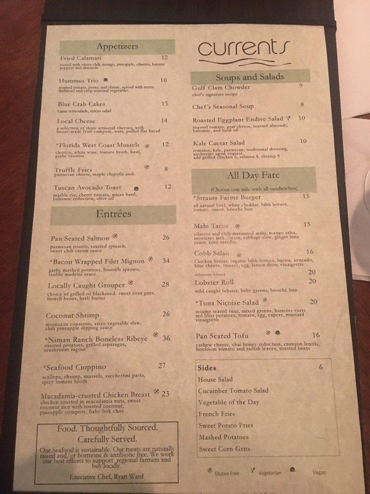 Menu at Currents pub & bar, Sarasota