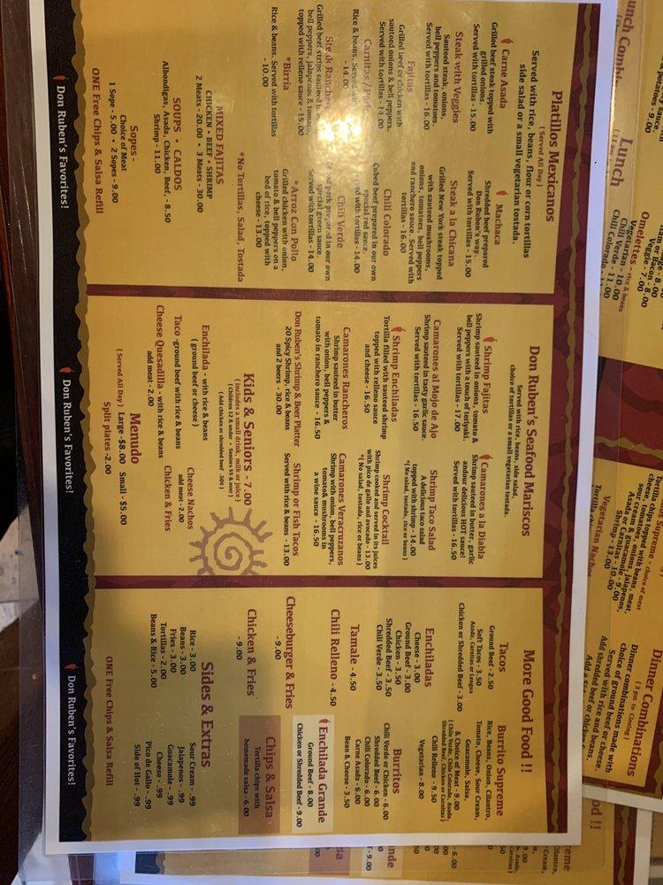 Menu at Don Ruben's Mexican Restaurant, Mariposa