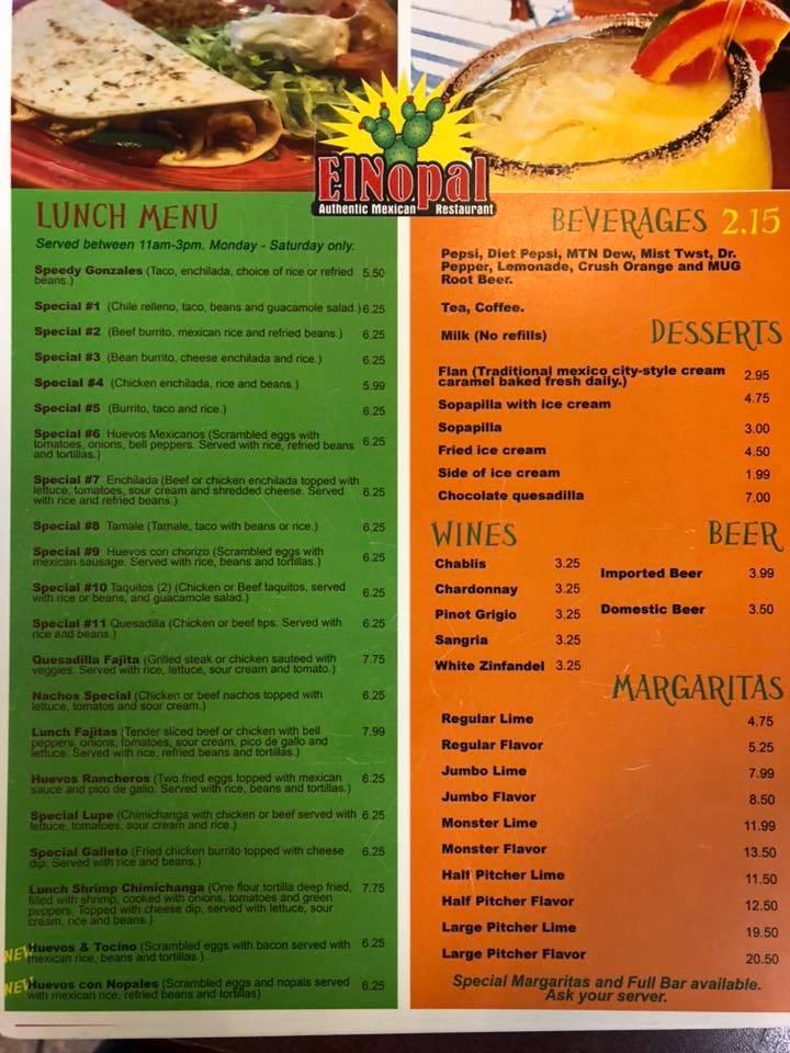 Menu at El Nopal Sullivan restaurant, Sullivan, 148 S Service Rd W