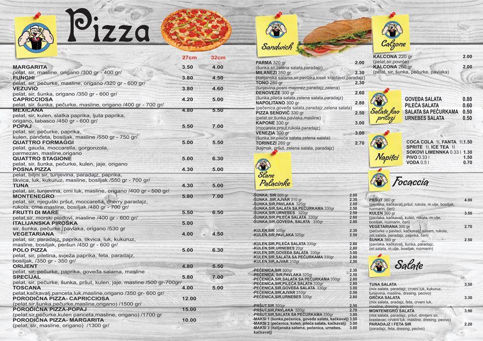 Menu at Fast Food Popaj Herceg Novi, Herceg Novi
