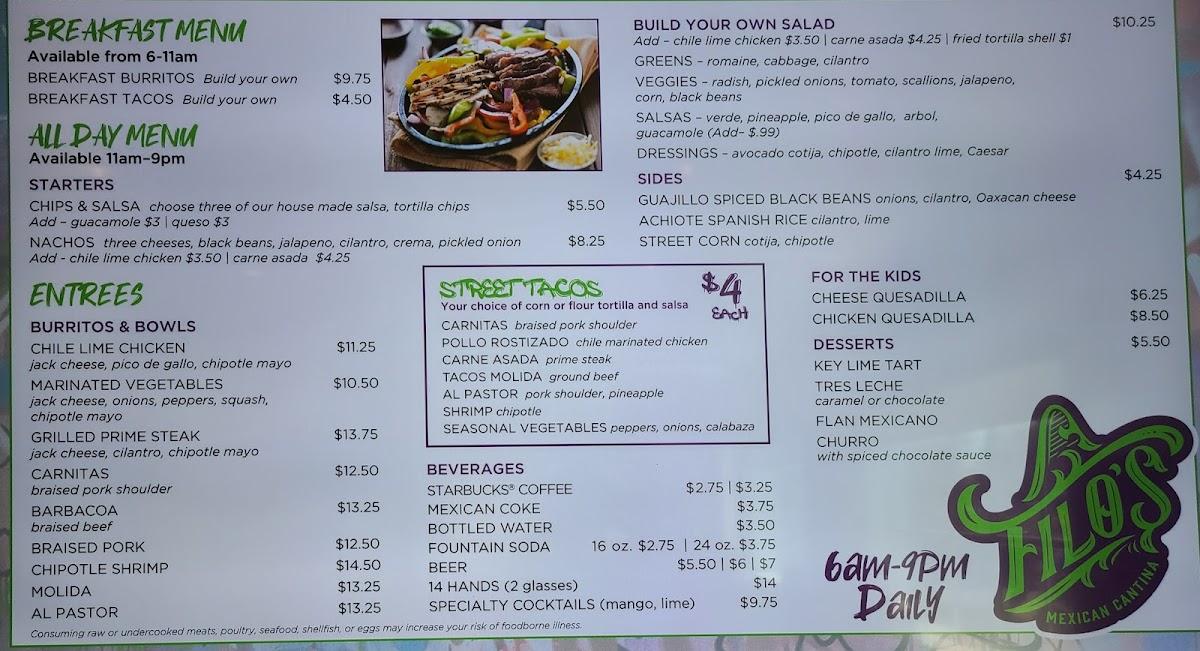 Menu at Filo's Mexican Cantina restaurant, Ocala
