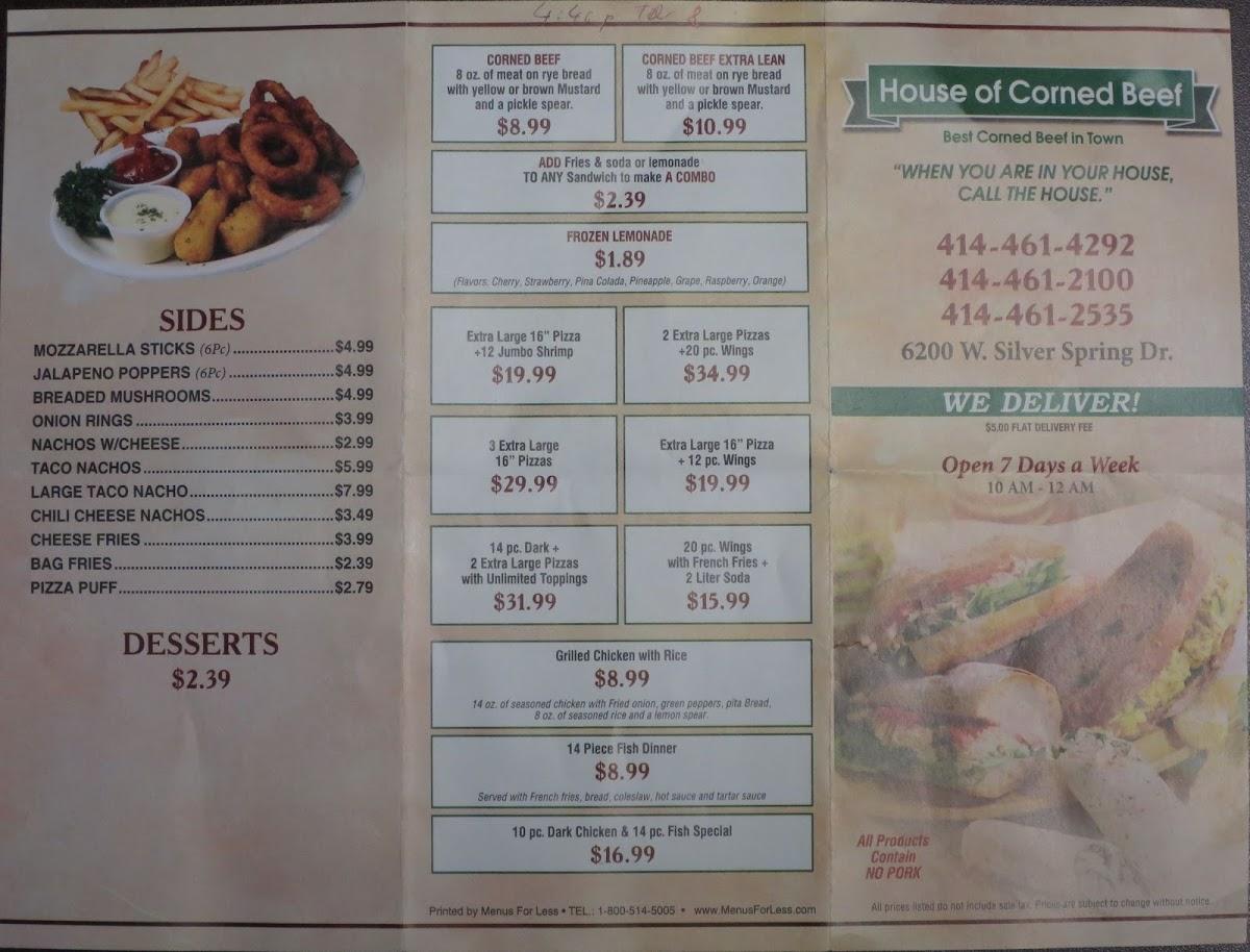 Menu at House of Corned Beef restaurant, Milwaukee, 5201 W Silver Spring Dr
