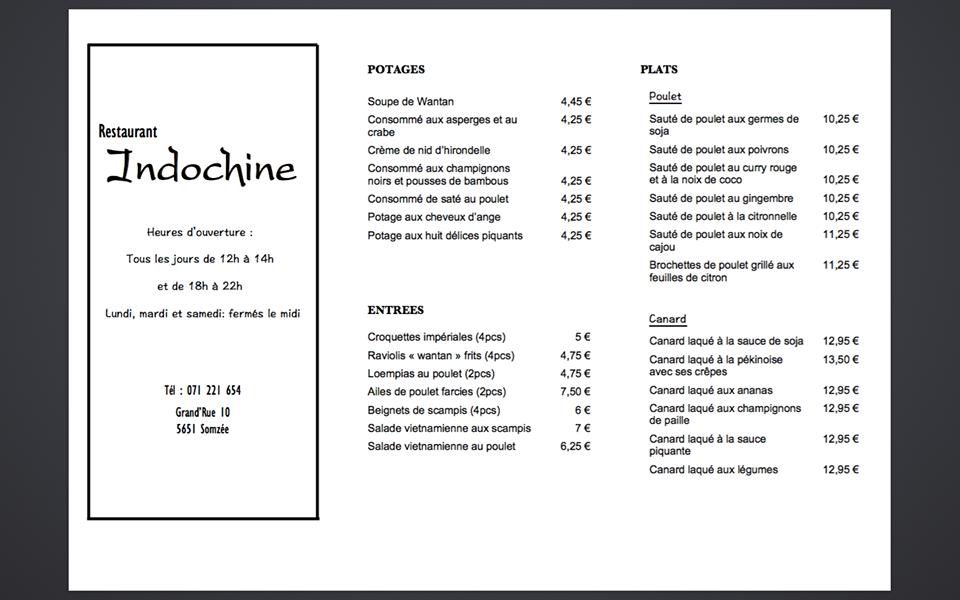 Menu at Indochine, Walcourt