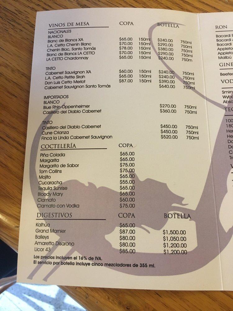 Menu at Lobby restaurant, Mexico City, Avenida Presidente Masaryk 201