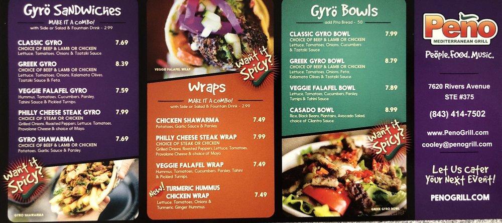 Menu at Peno Mediterranean Grill restaurant, North Charleston