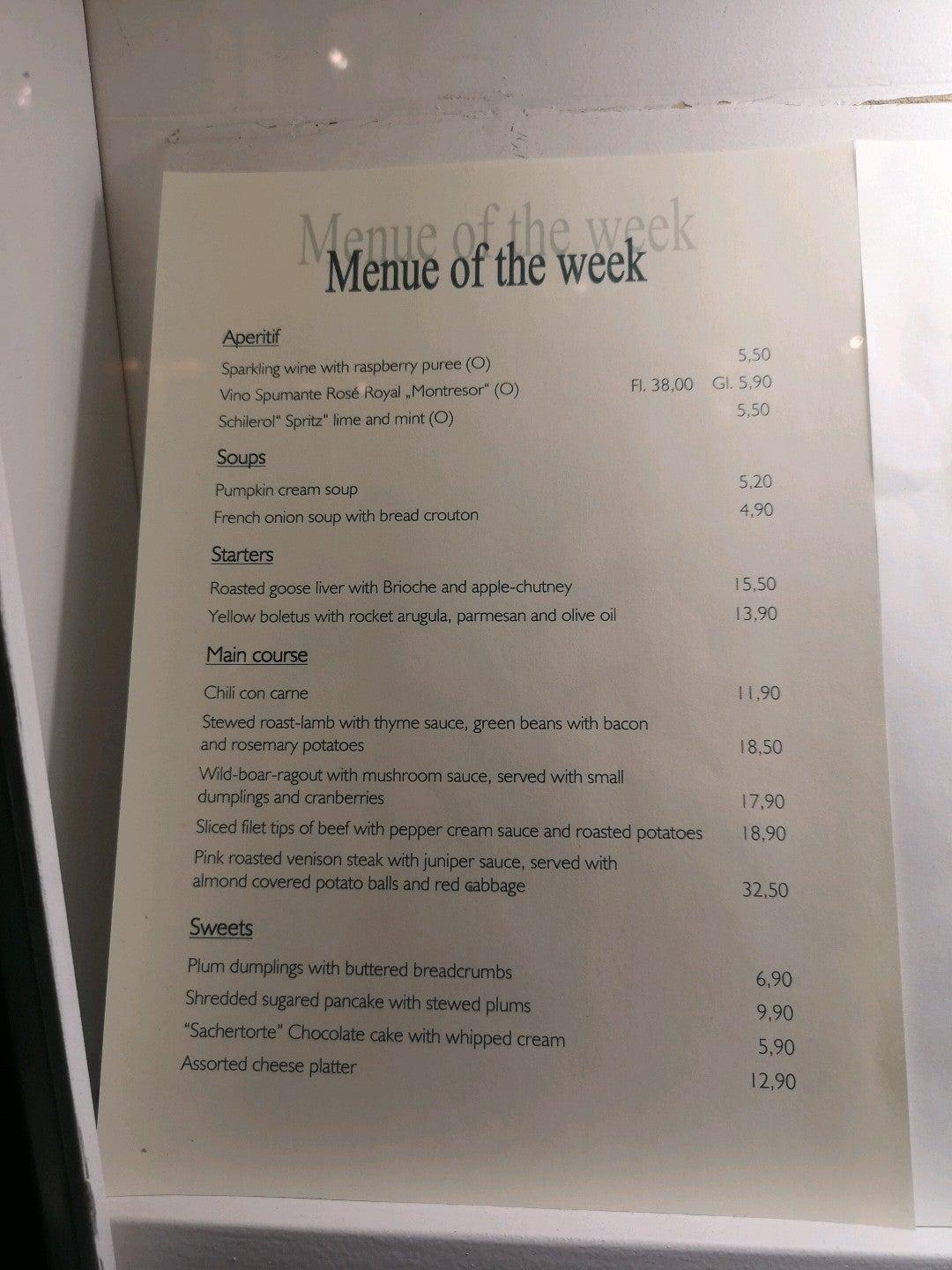 Menu at Porterhouse steakhouse, Vienna