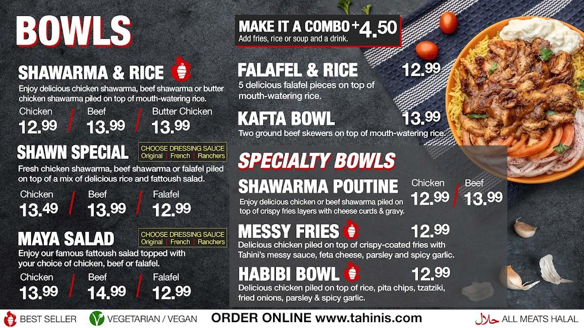 Menu at Tahini's restaurant, Toronto, Islington Ave #105