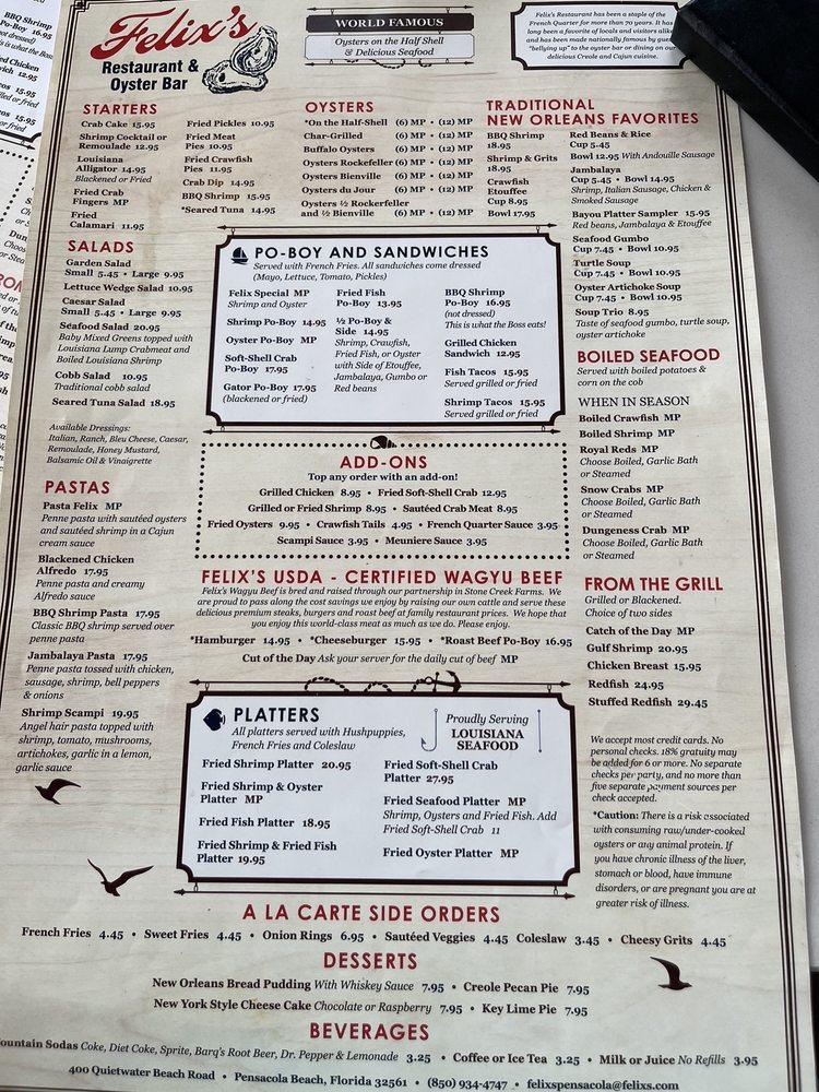 Menu at Felix's Restaurant & Oyster Bar, Pensacola Beach