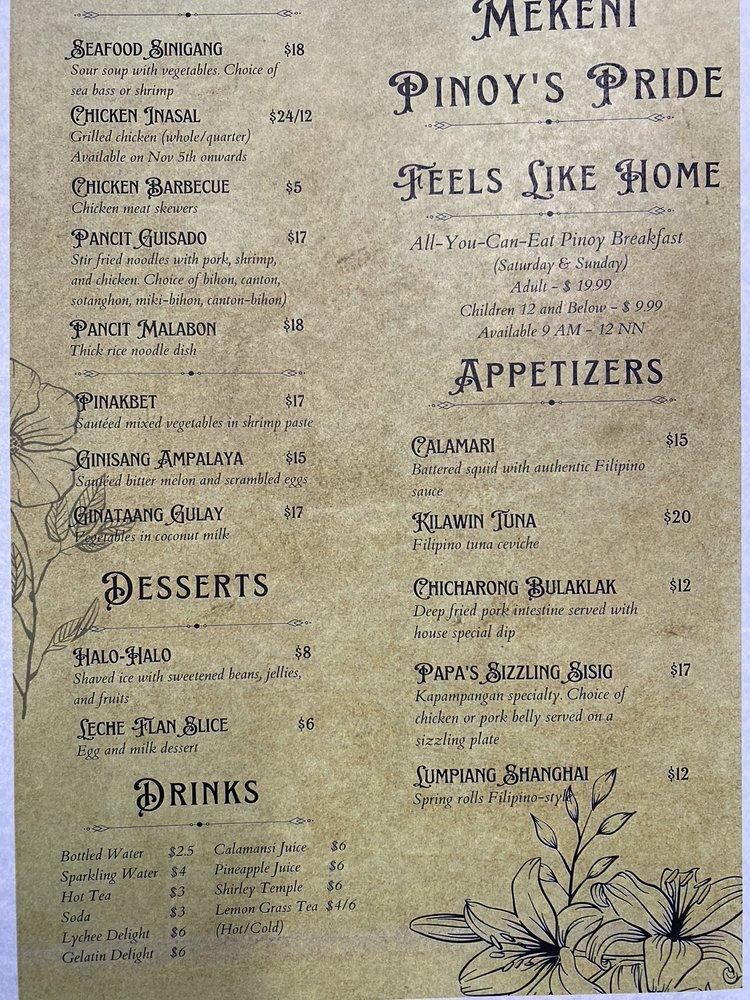 Menu at Mekeni Pinoy's Pride restaurant, Artesia