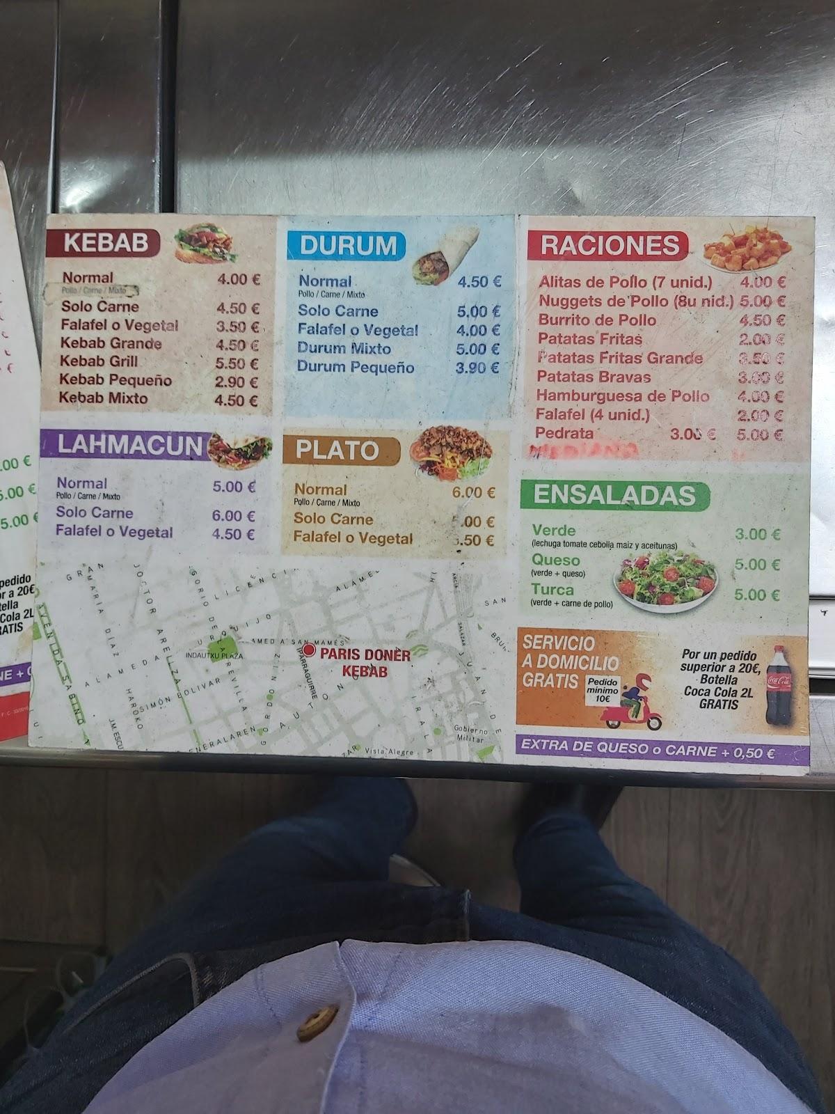Menu at Paris Doner kebab, Bilbao