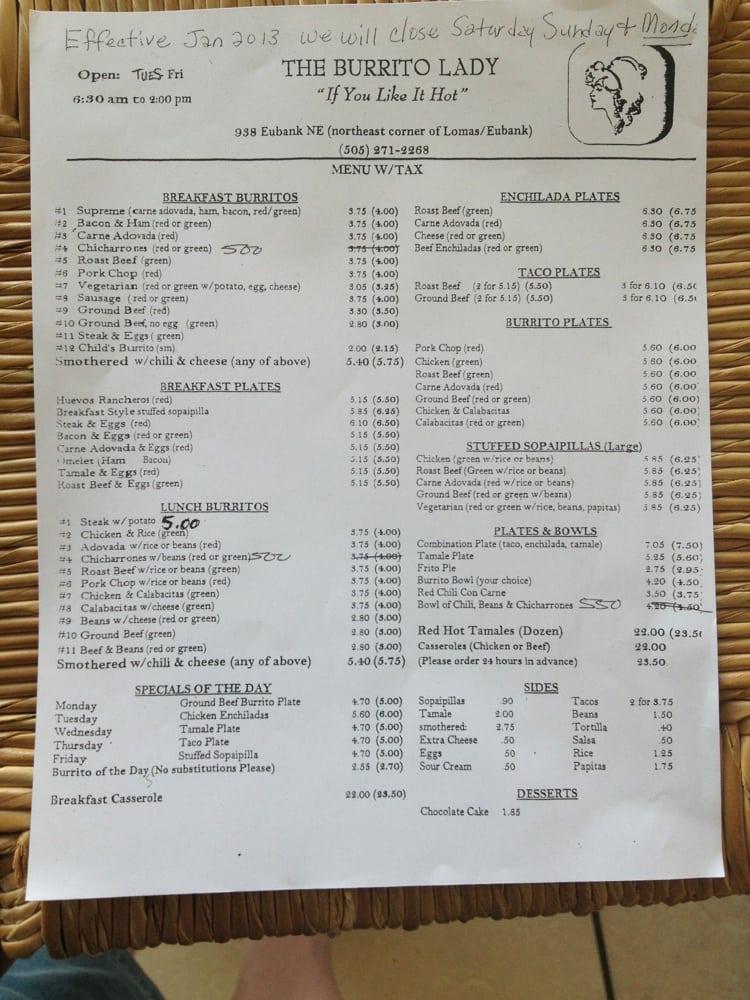 Menu at The Burrito Lady restaurant, Albuquerque