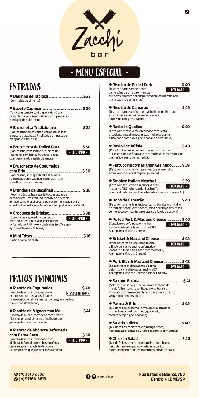 Menu at Zacchi Bar, Leme