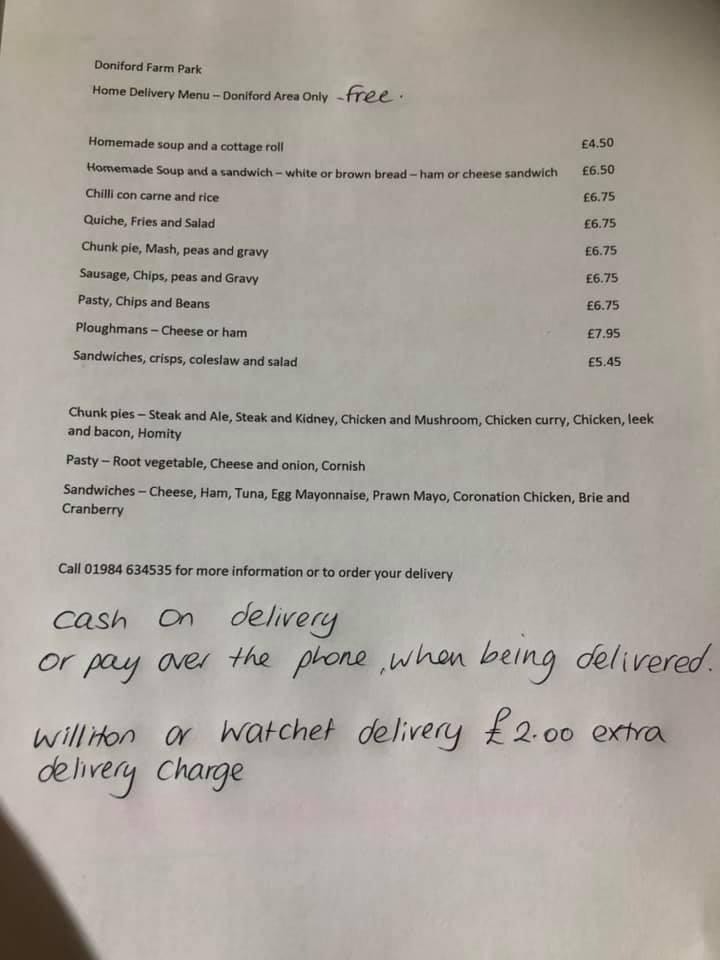 Menu at Doniford Farm Park restaurant, Watchet