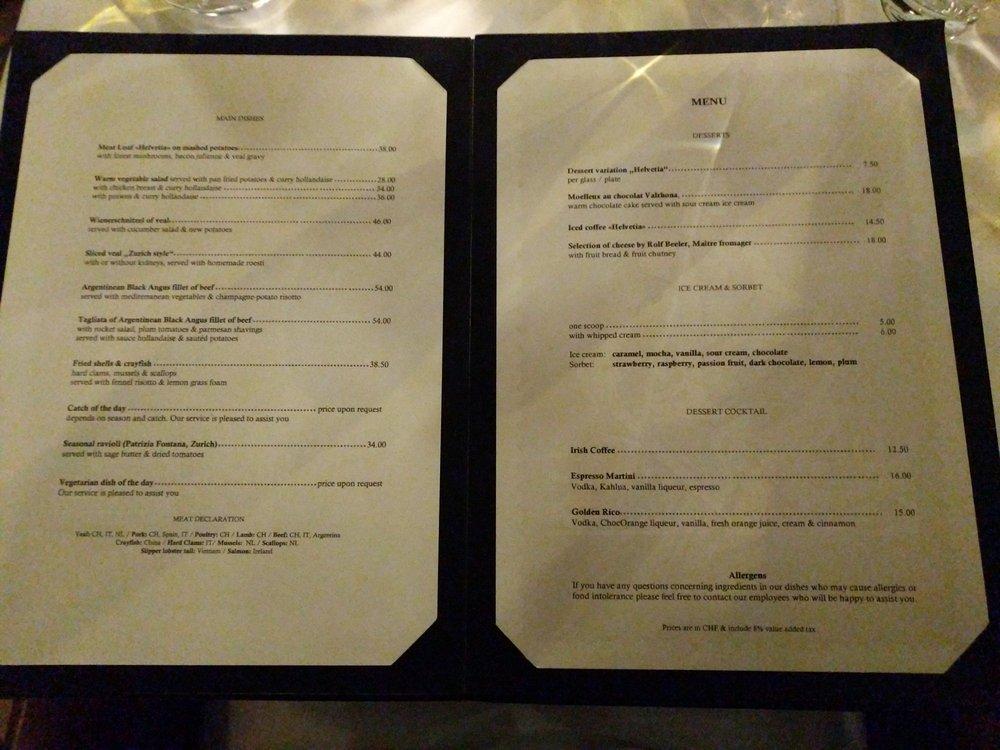 Menu at Helvetia, Zürich, Stauffacherquai 1