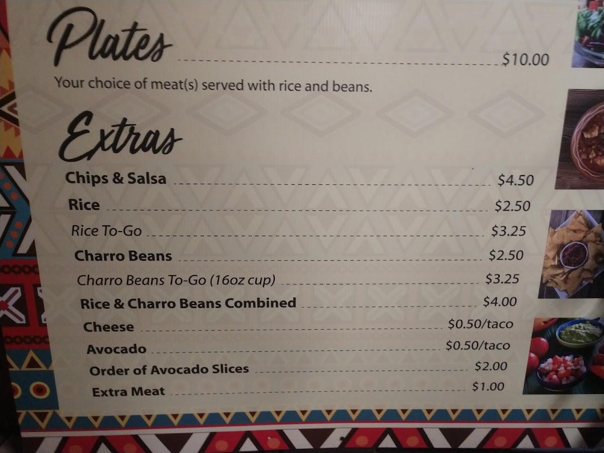 Menu at Mayo's Tacos restaurant, Yoakum