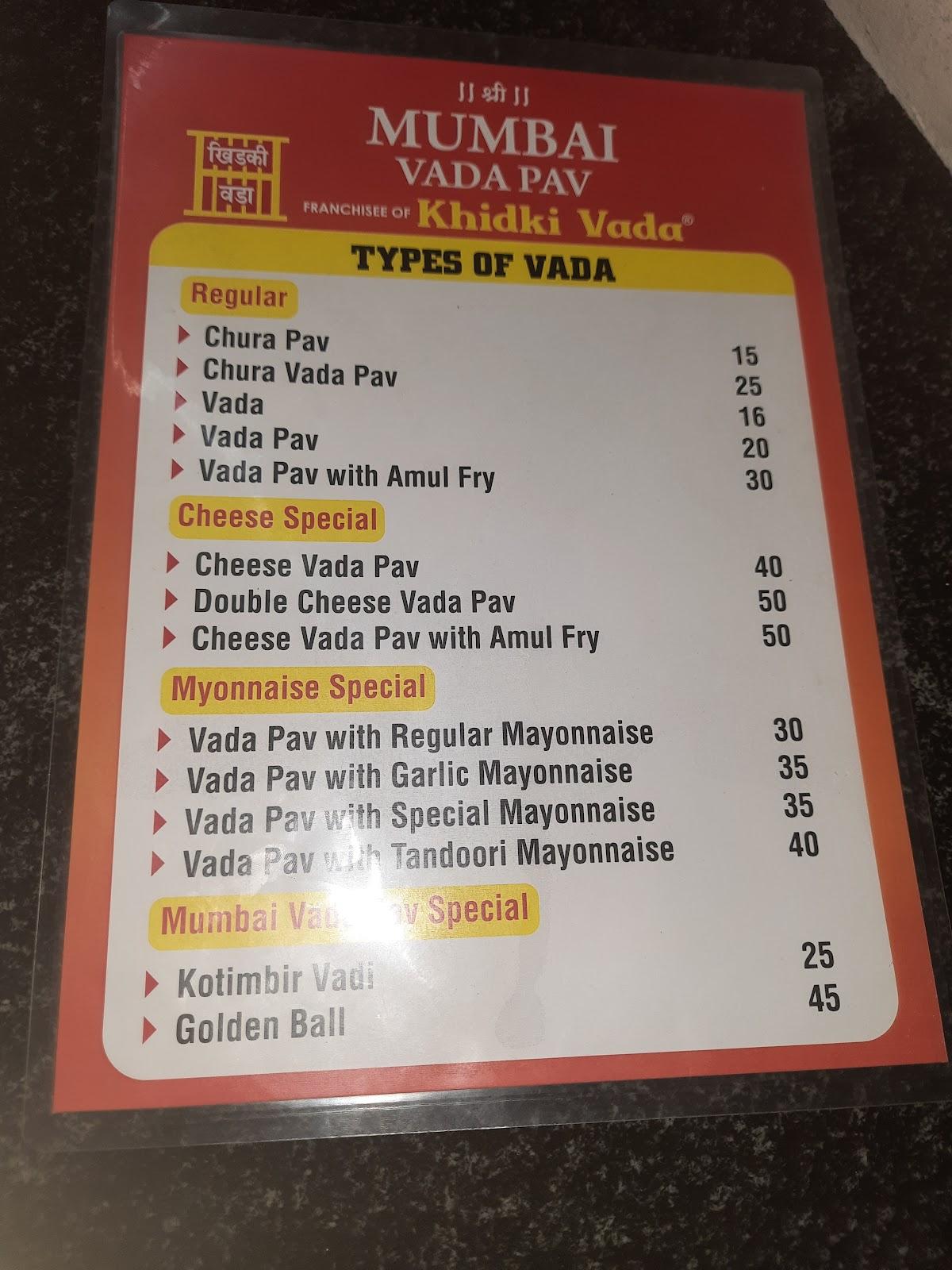 Menu at Mumbai Vada Pav, Indore, 34/9