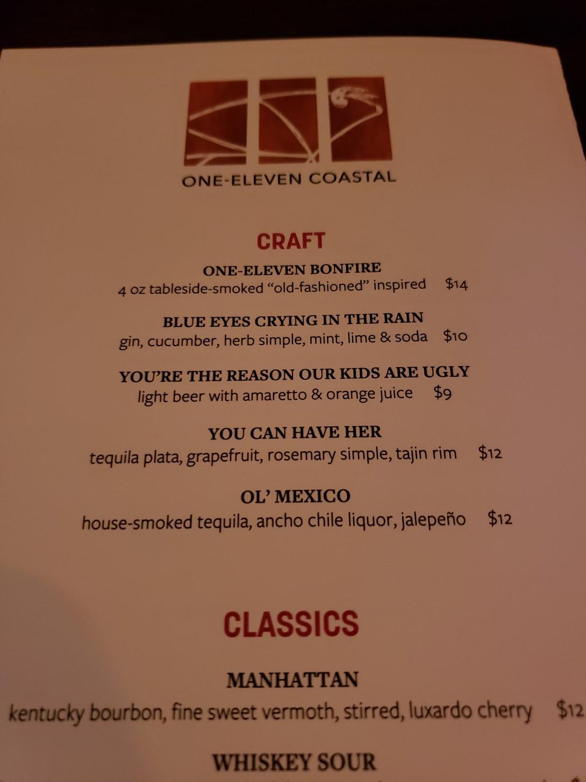 Menu at One-Eleven Coastal steakhouse, San Clemente