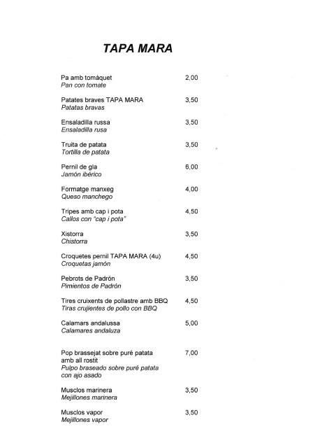 Menu at TAPA MARA Restaurant, Pineda de Mar
