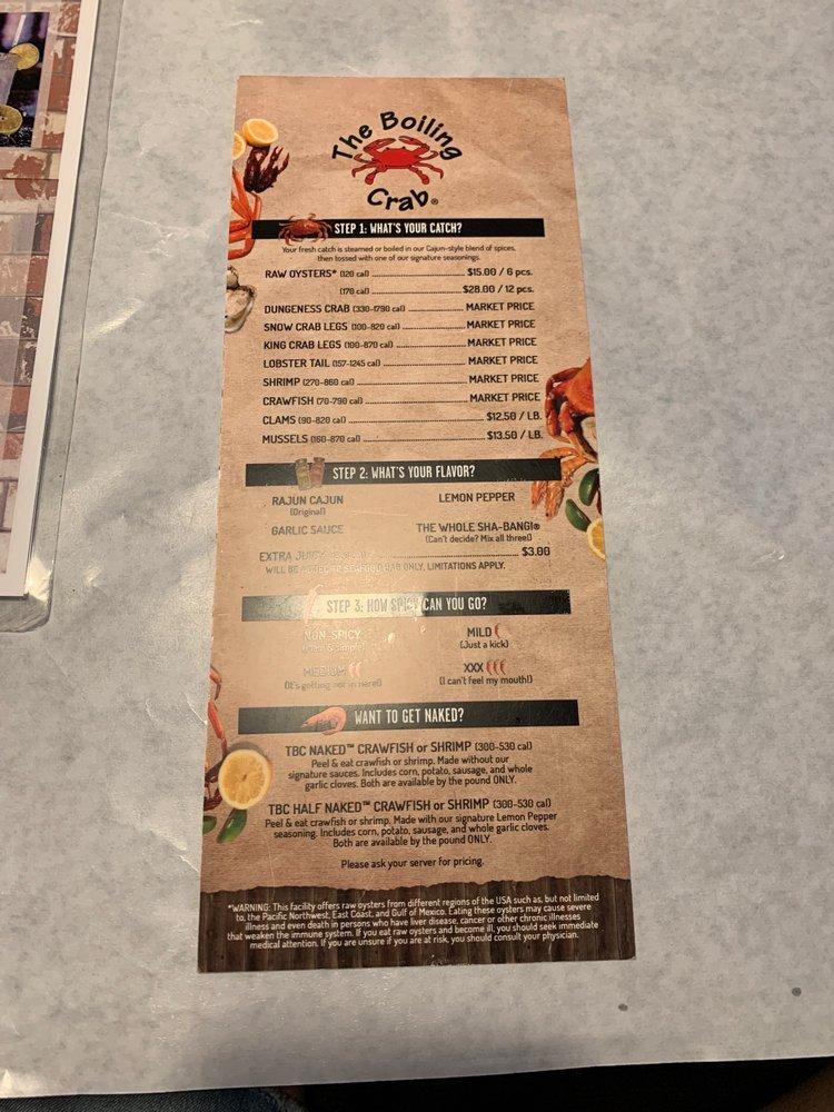 Menu at The Boiling Crab restaurant, Honolulu