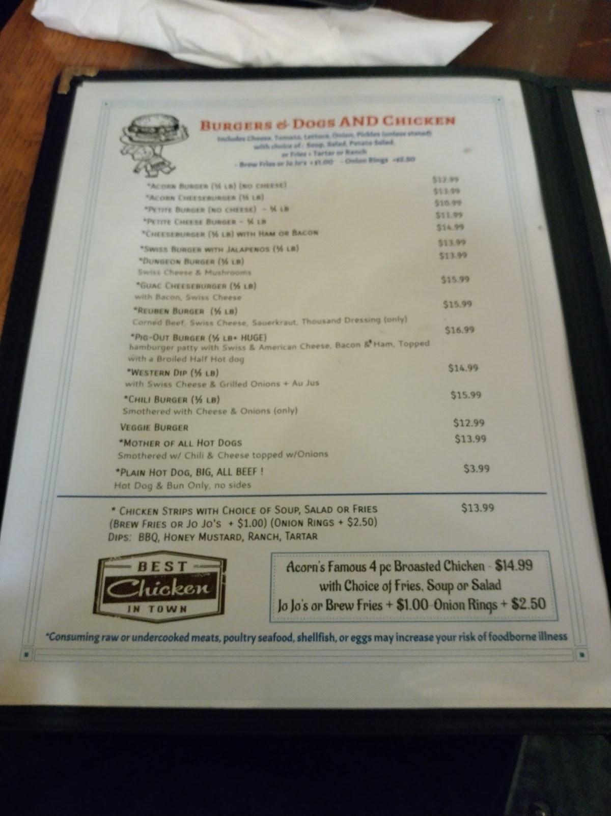 Menu at Acorn Saloon & Feeding Station pub & bar, Colville
