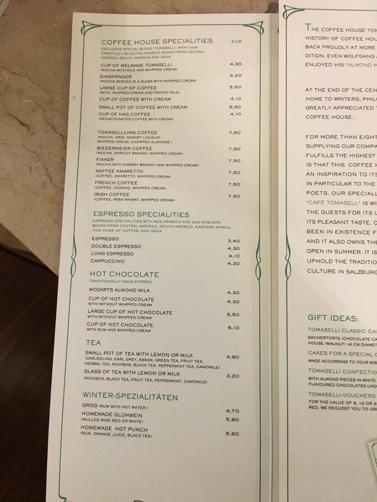 Menu at Café Tomaselli cafe, Salzburg