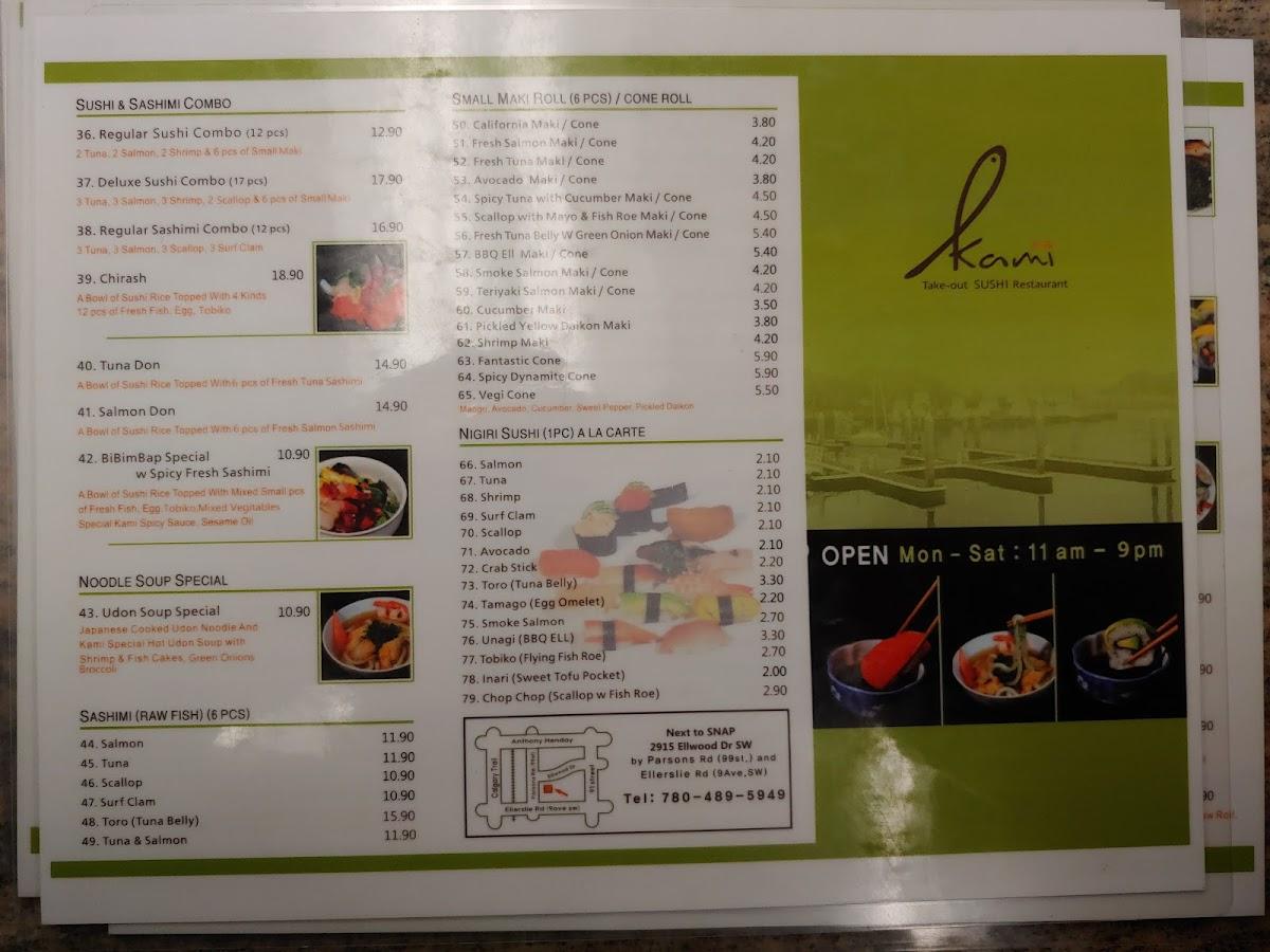 Menu at Kami Sushi restaurant, Edmonton