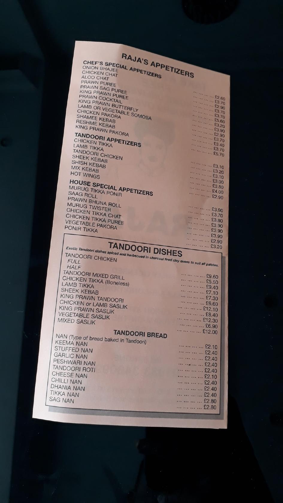 Menu at Raja Tandoori restaurant, Caterham, 4 High St