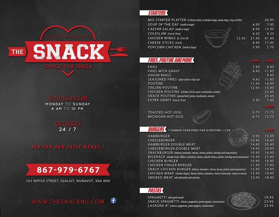 Menu at The Snack pizzeria, Iqaluit