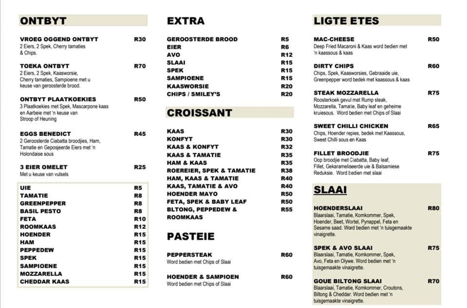 Menu at Toeka Deli & Koffie Winkel cafe, Lichtenburg