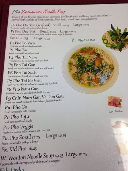 Menu at VN Pho restaurant, Wenatchee
