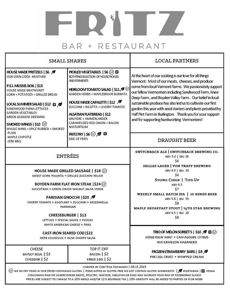 Menu at Fritz Bar + Restaurant, Stowe