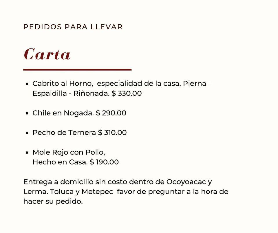 Carta del restaurante Intimo Cabrito, Ocoyoacac