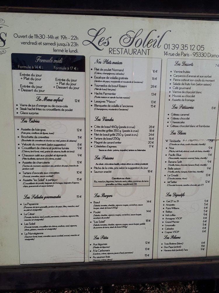 Menu at Les Soleil restaurant, Domont