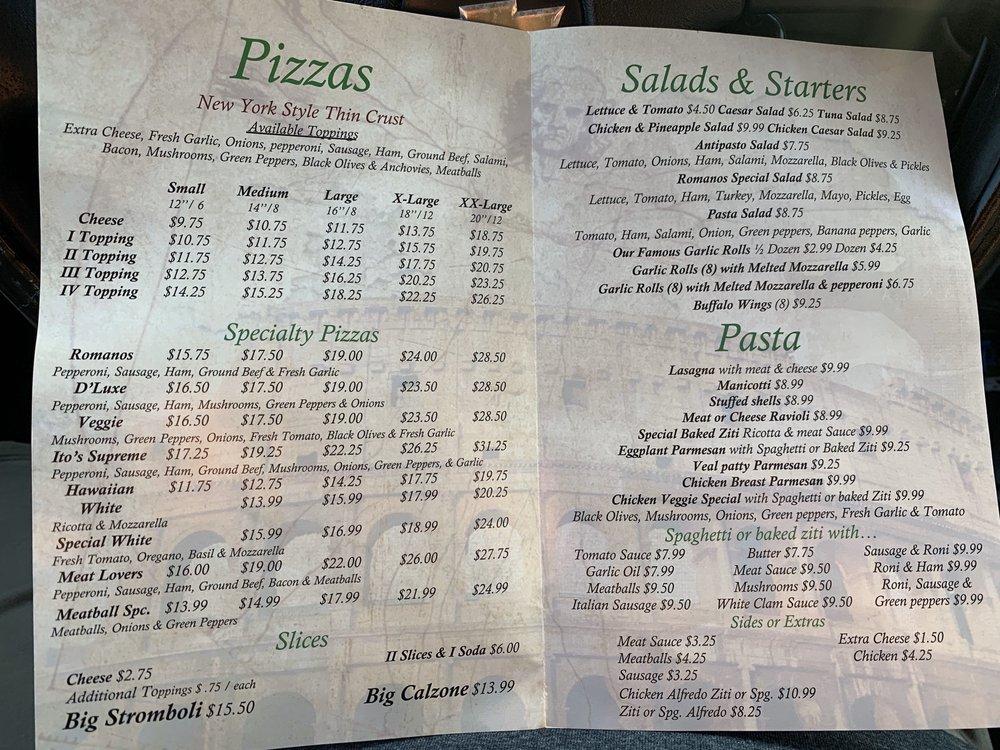 Menu at Romano's Pizza pizzeria, Homestead