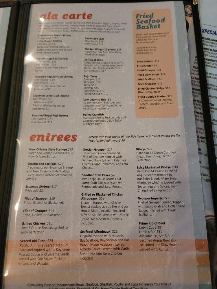 Menu at Sandbar, Panama City Beach