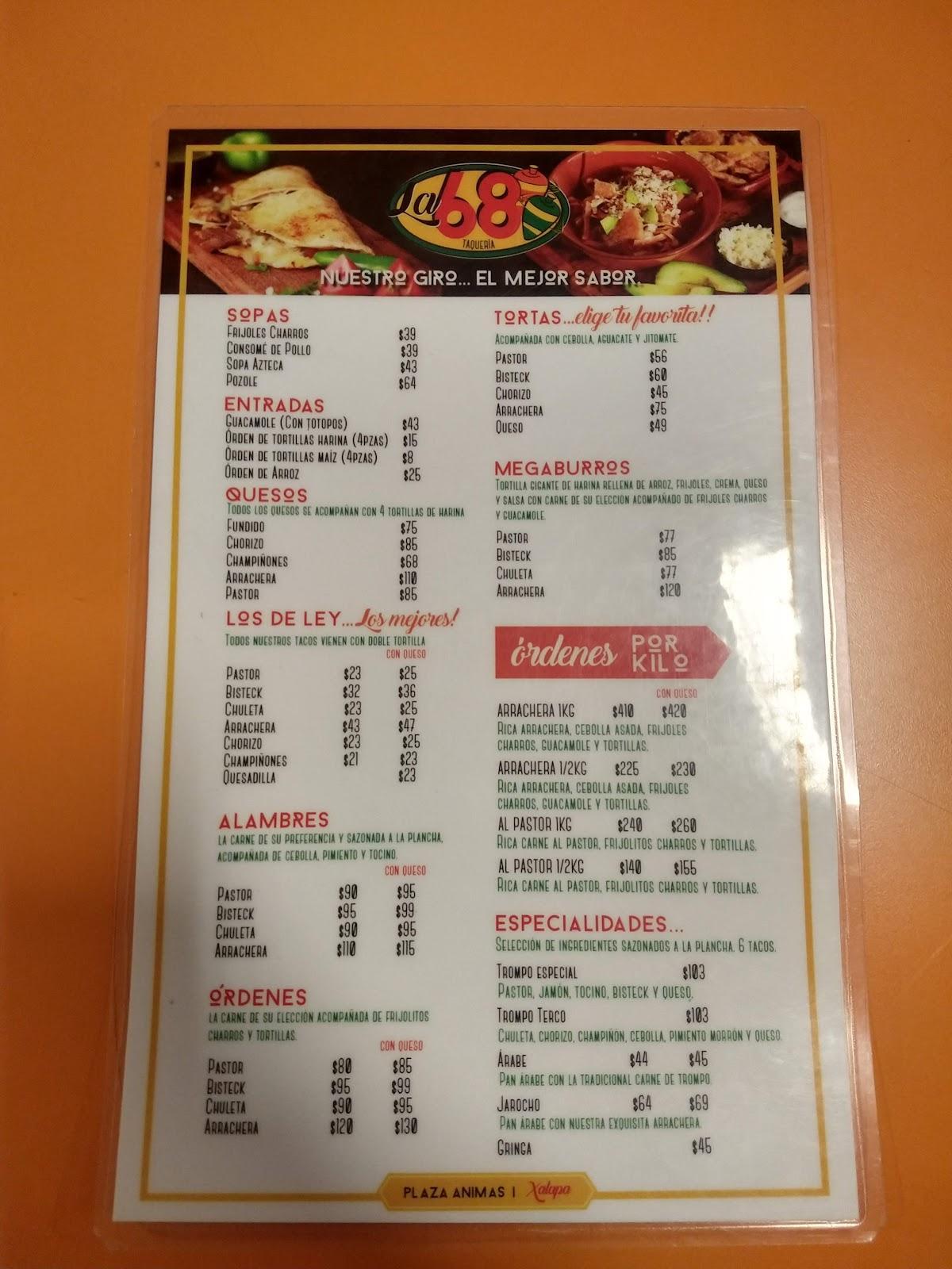 Carta del restaurante Taqueria La 68, Xalapa Enríquez