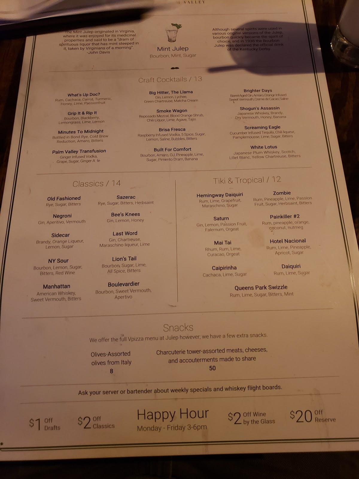 Menu at V Pizza & Julep - Palm Valley pub & bar, Palm Valley