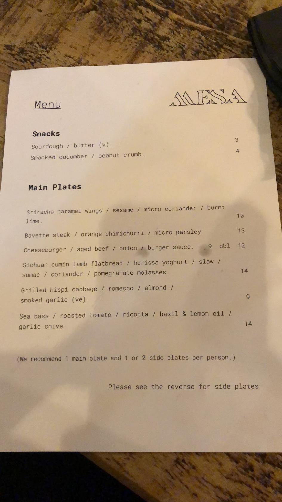 Menu at Mesa restaurant, Nottingham