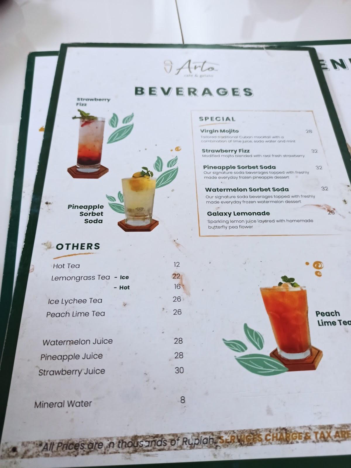 Menu at Arto Cafe & Gelato, Pekalongan