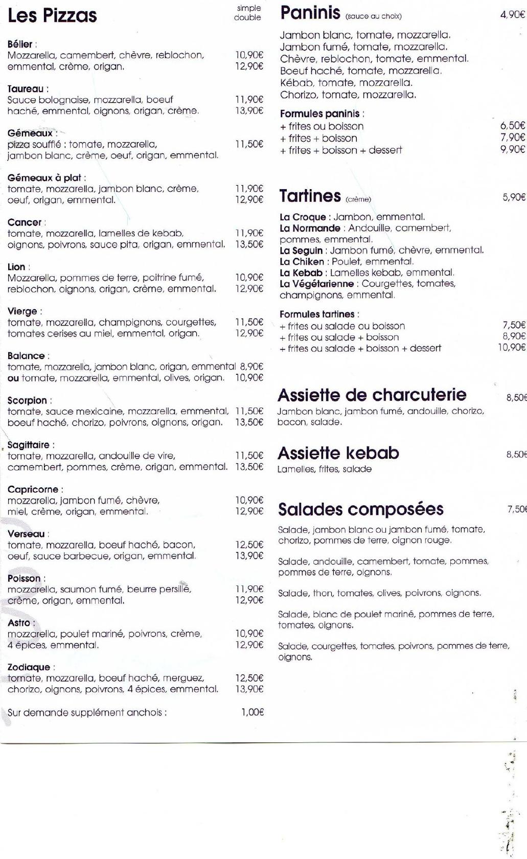 Menu at Astro Pizza restaurant, Creully