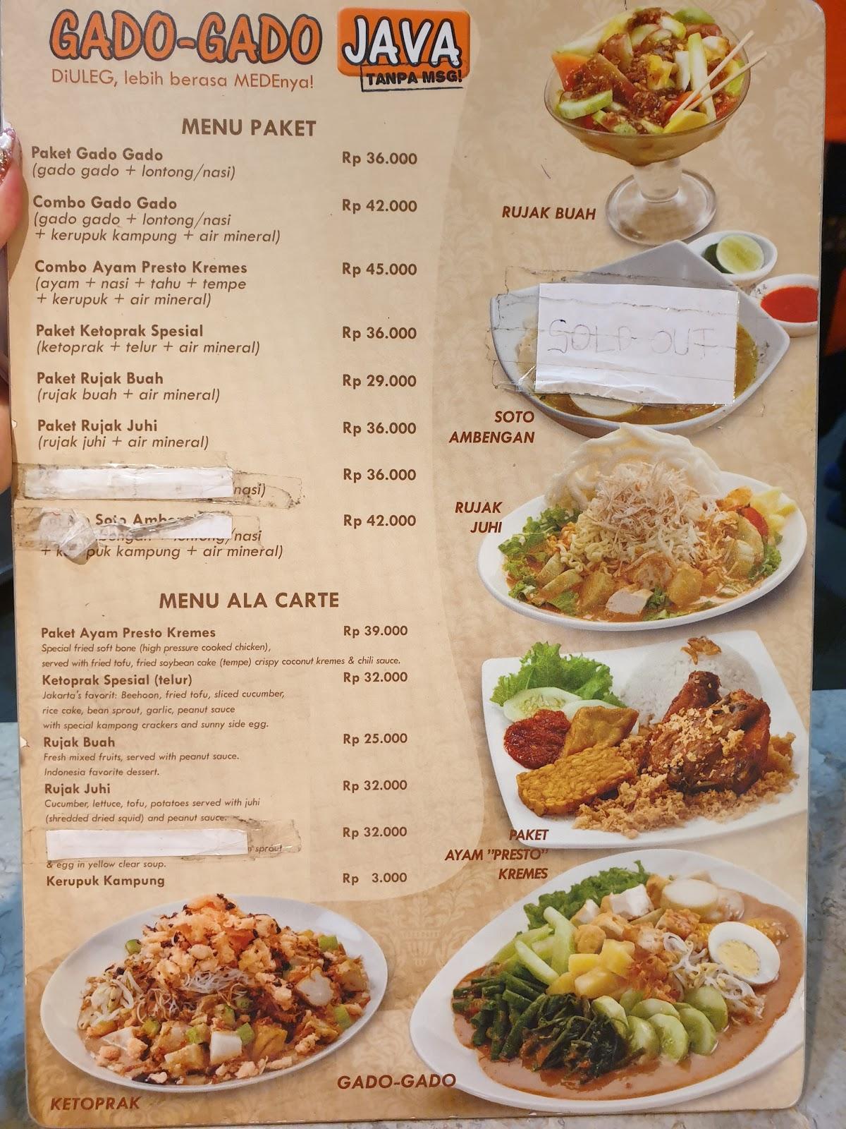 Menu at Gado Gado Java restaurant, West Jakarta, inside Urban Kitchen