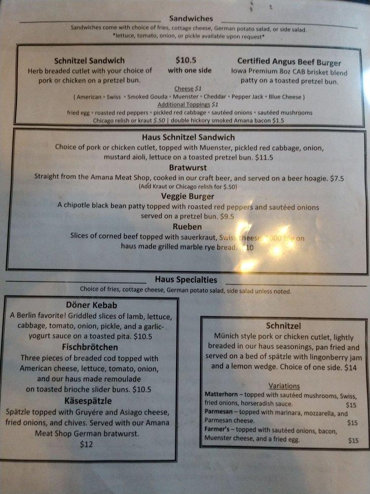 Menu at Millstream Brau Haus restaurant, Amana