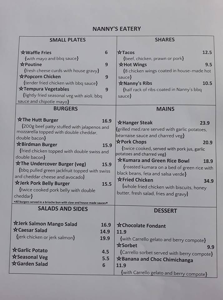 Menu at Nanny's Eatery restaurant, Lower Hutt