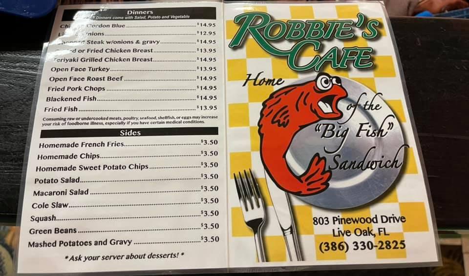 Menu at Robbie's Cafe, Live Oak