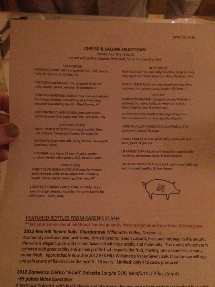 Menu at Seasons of Durango restaurant, Durango